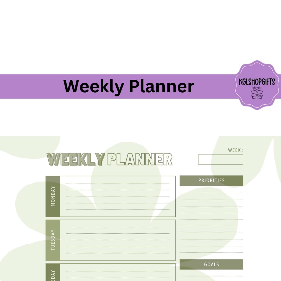 Weekly Planner- 1 PNG Sheet- Green Theme - Etsy