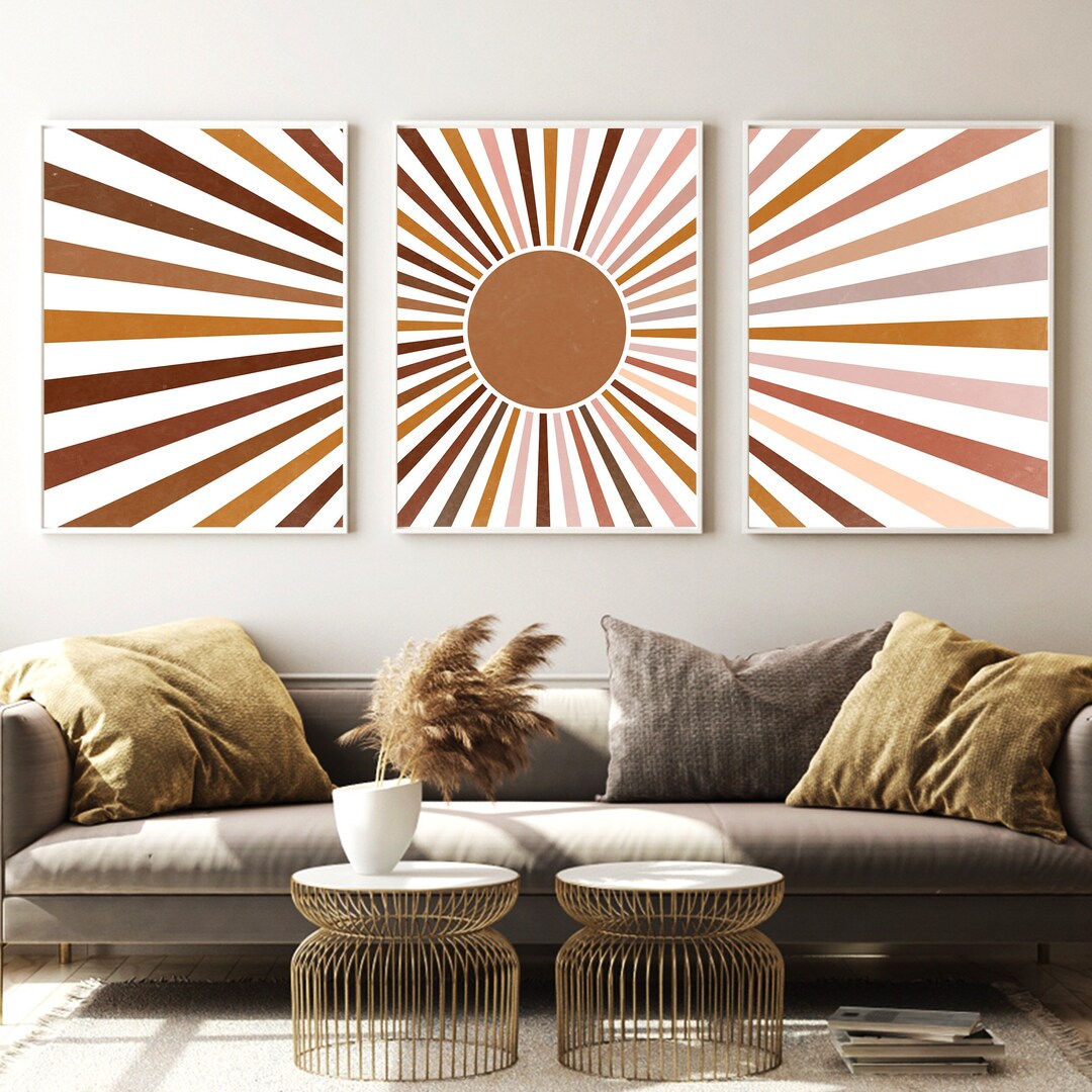 Retro Sunburst Print, Set of 3 Boho Nursery Sun Print, Watercolor Sun ...