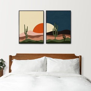 Boho Retro Desert Prints Set of 2, Mid Century Modern Wall Art, Sun and ...