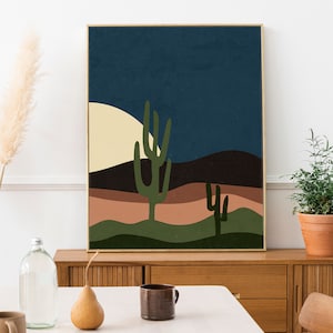 Boho Retro Desert Prints Set of 2, Mid Century Modern Wall Art, Sun and ...