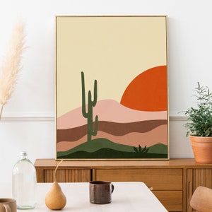 Boho Retro Desert Prints Set of 2, Mid Century Modern Wall Art, Sun and ...