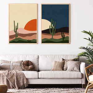 Boho Retro Desert Prints Set of 2, Mid Century Modern Wall Art, Sun and ...