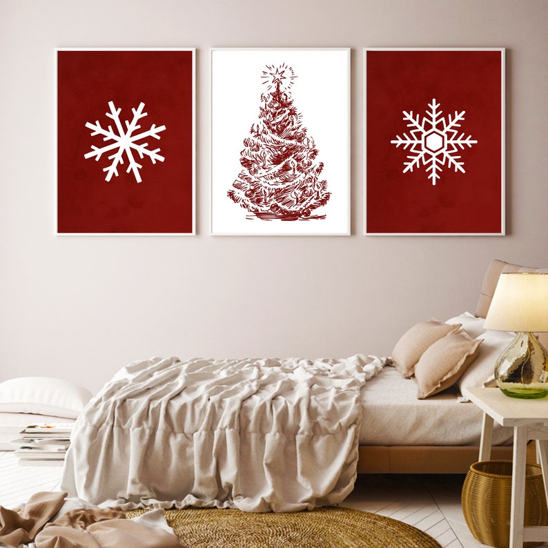Set of 3 Christmas Wall Art, Printable Christmas Red Wall Decor ...