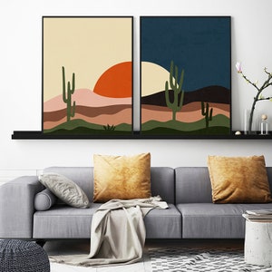 Boho Retro Desert Prints Set of 2, Mid Century Modern Wall Art, Sun and ...