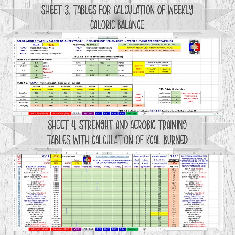 Weekly Caloric Balance Calculation, Fitness Planner Spreadsheet ...
