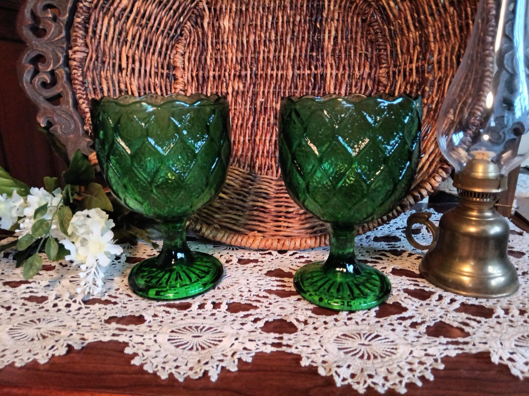Vintage Depression Glass EAPG Emerald Green Glass Pedestal Compotes ...