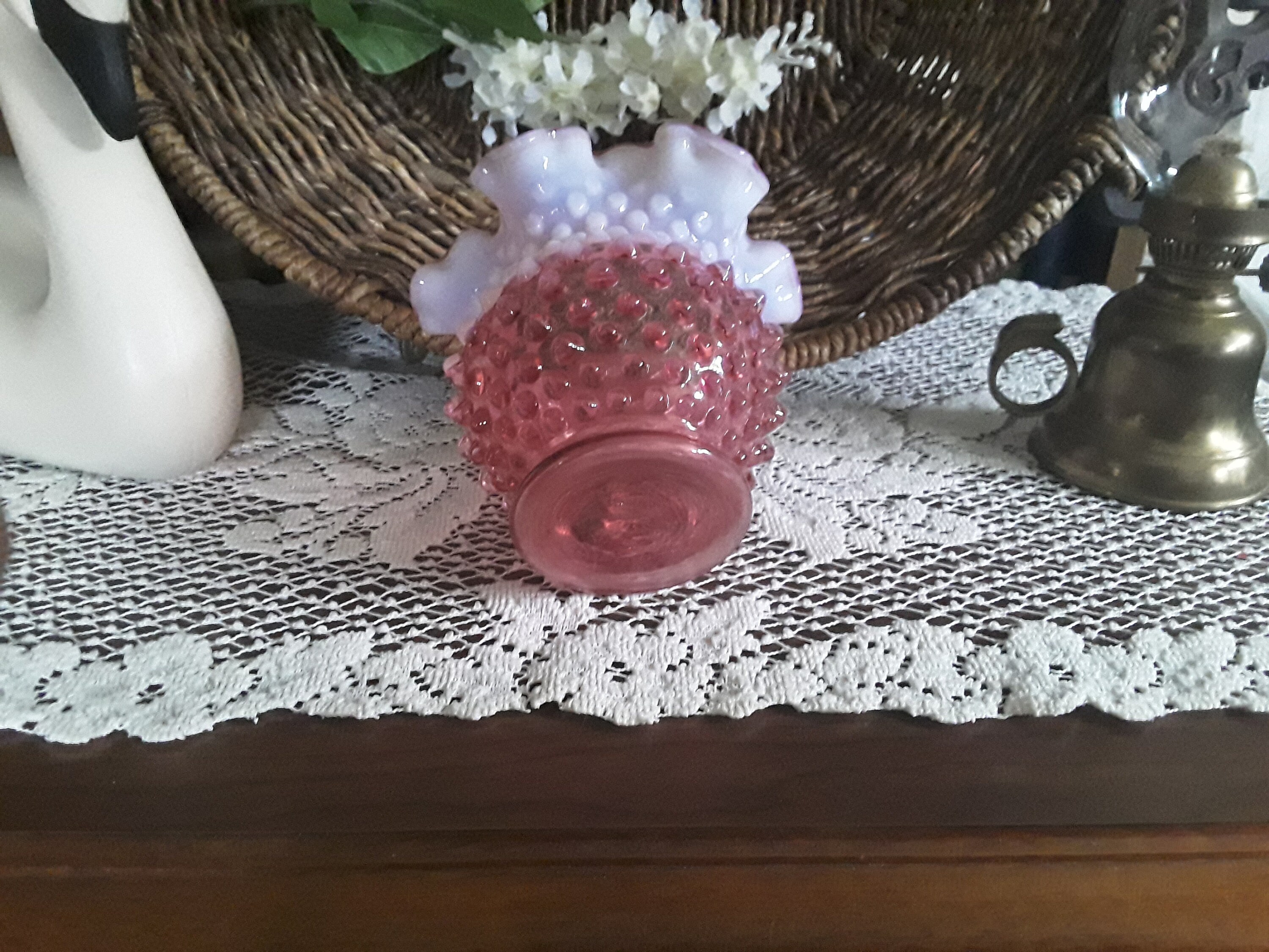 Fenton Pink Cranberry Opalescent Hobnail Double Crimped Vase - Etsy