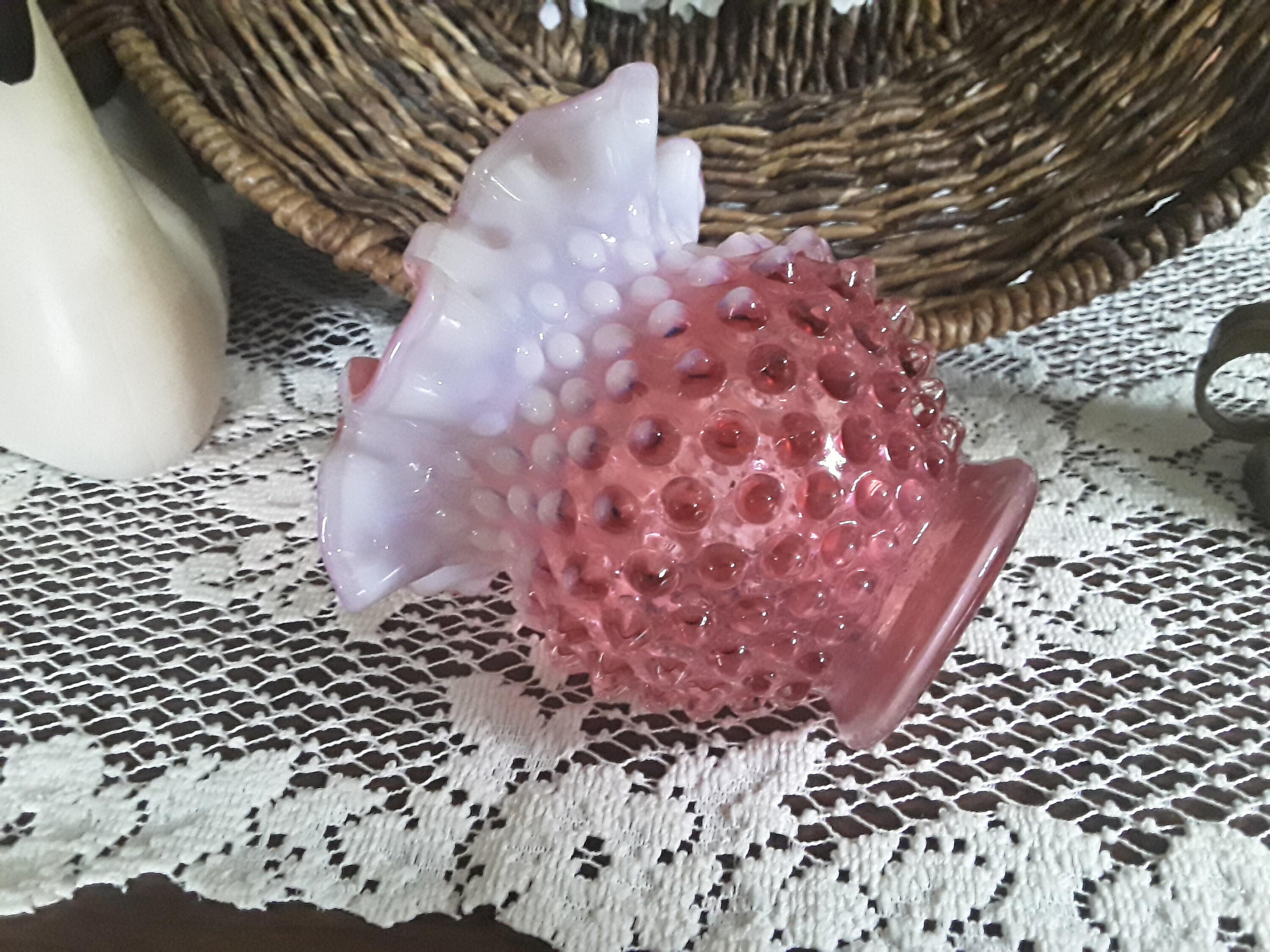 Fenton Pink Cranberry Opalescent Hobnail Double Crimped Vase - Etsy