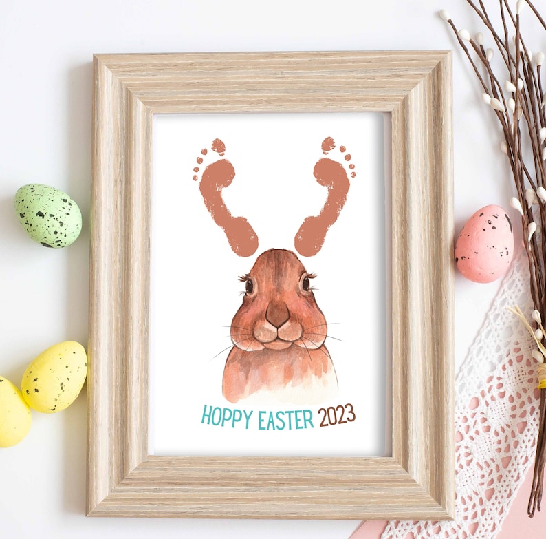 Printable Easter Bunny Feet Footprint Art Craft, Cute Happy Easter ...