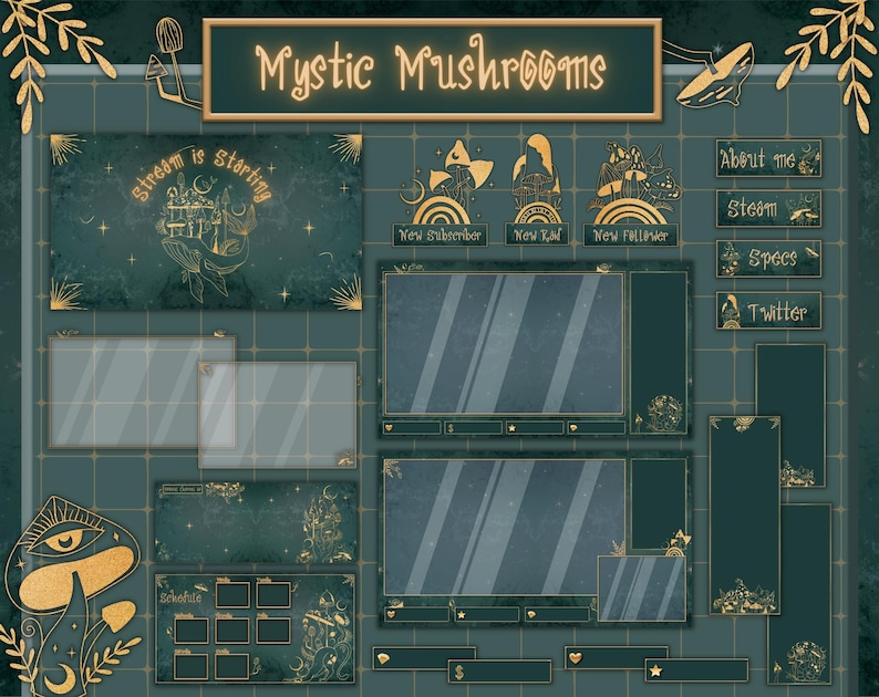 Green Emerald Mushrooms Twitch Overlay Package, Gold Mystic Stream ...