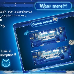 Blue Cat Bedroom Twitch Overlay Package. Neon Cat Stream Package ...