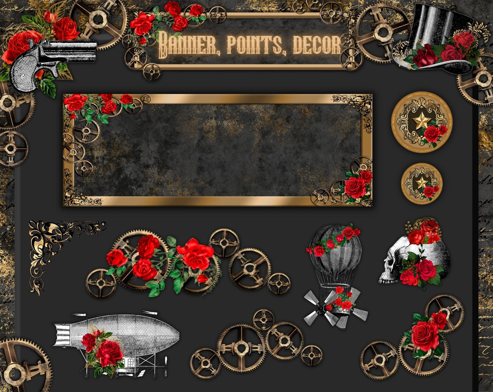 Steampunk Twitch Overlay, Vintage Twitch Pack With Red Roses. - Etsy