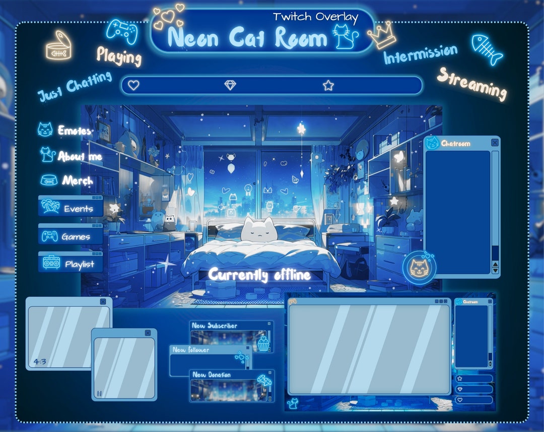 Blue Cat Bedroom Twitch Overlay Package. Neon Cat Stream Package ...