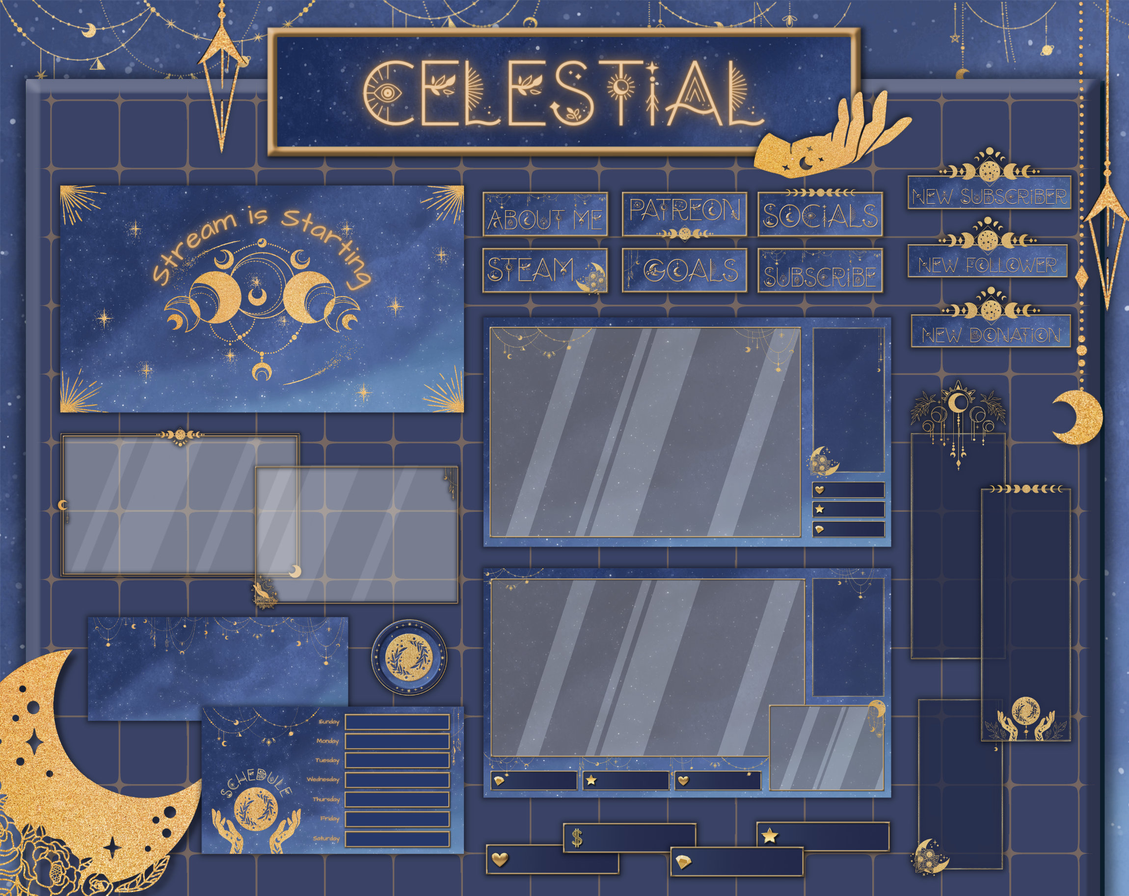 Celestial Twitch Overlay Pack. Blue Moon Stream Package. - Etsy UK