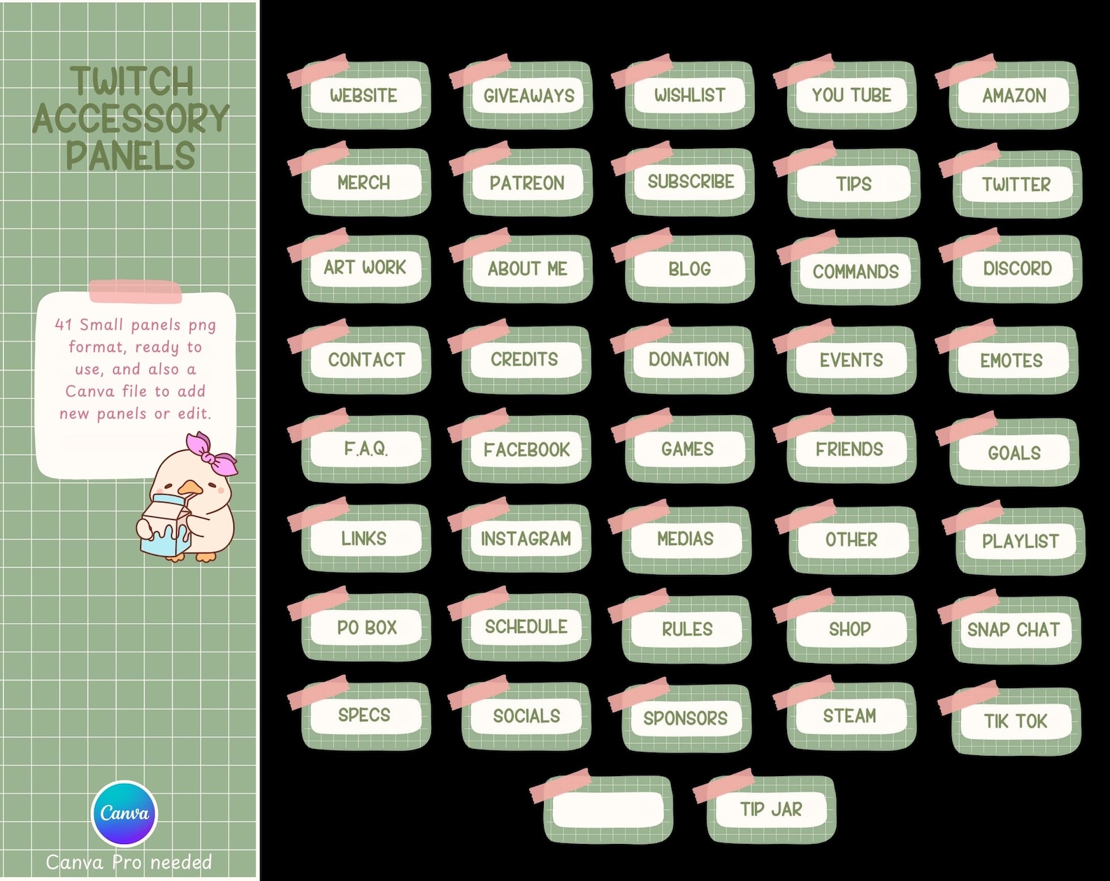Kawaii Twitch Panels Info. Cute Duck Bio Panels. Green Stream Panels ...