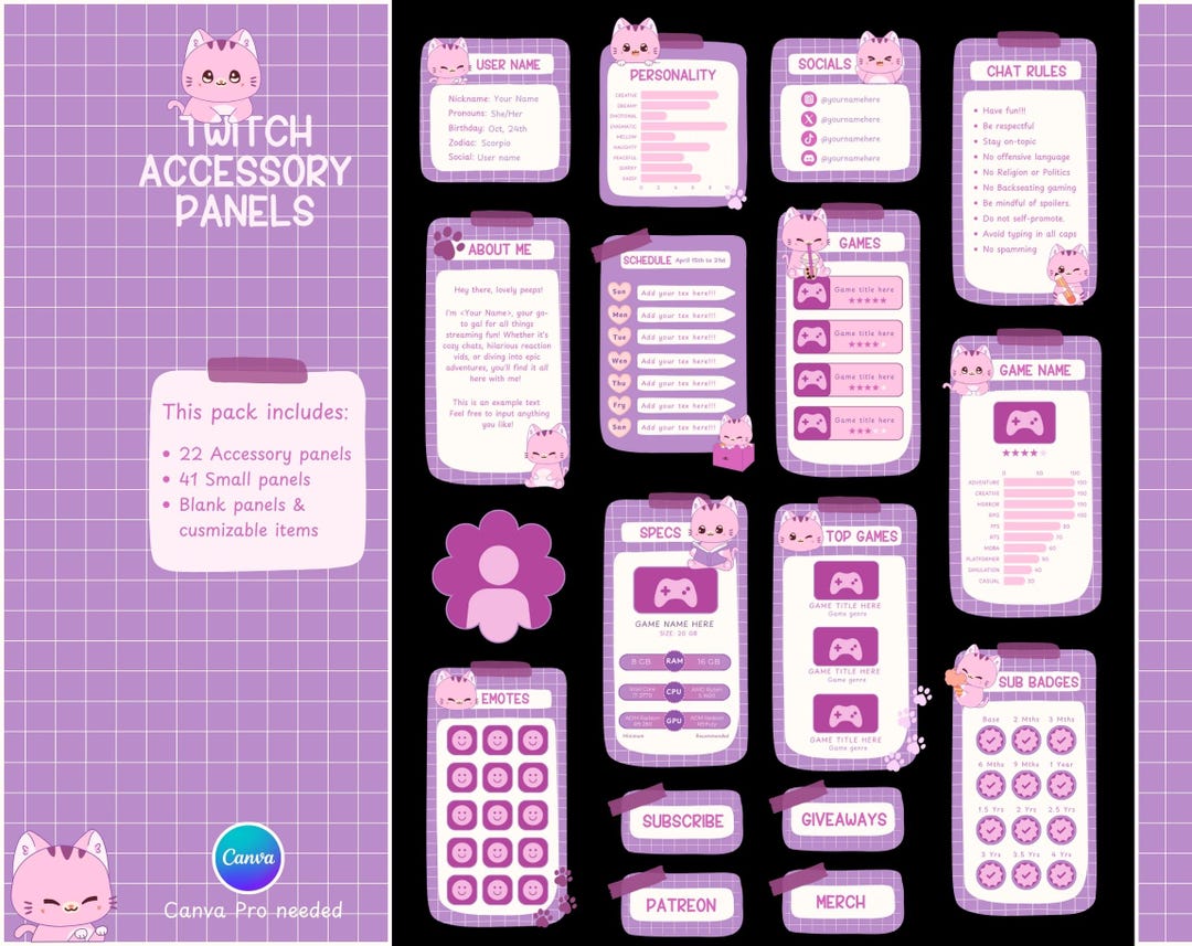 Purple Cat Twitch Panels Info. Kawaii Bio Panels. Cute Stream Panels ...