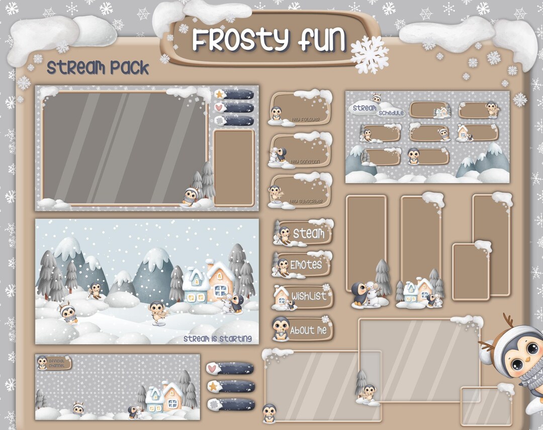 Cozy Winter Stream Overlay Pack With a Cute Penguin, Twitch Overlay ...