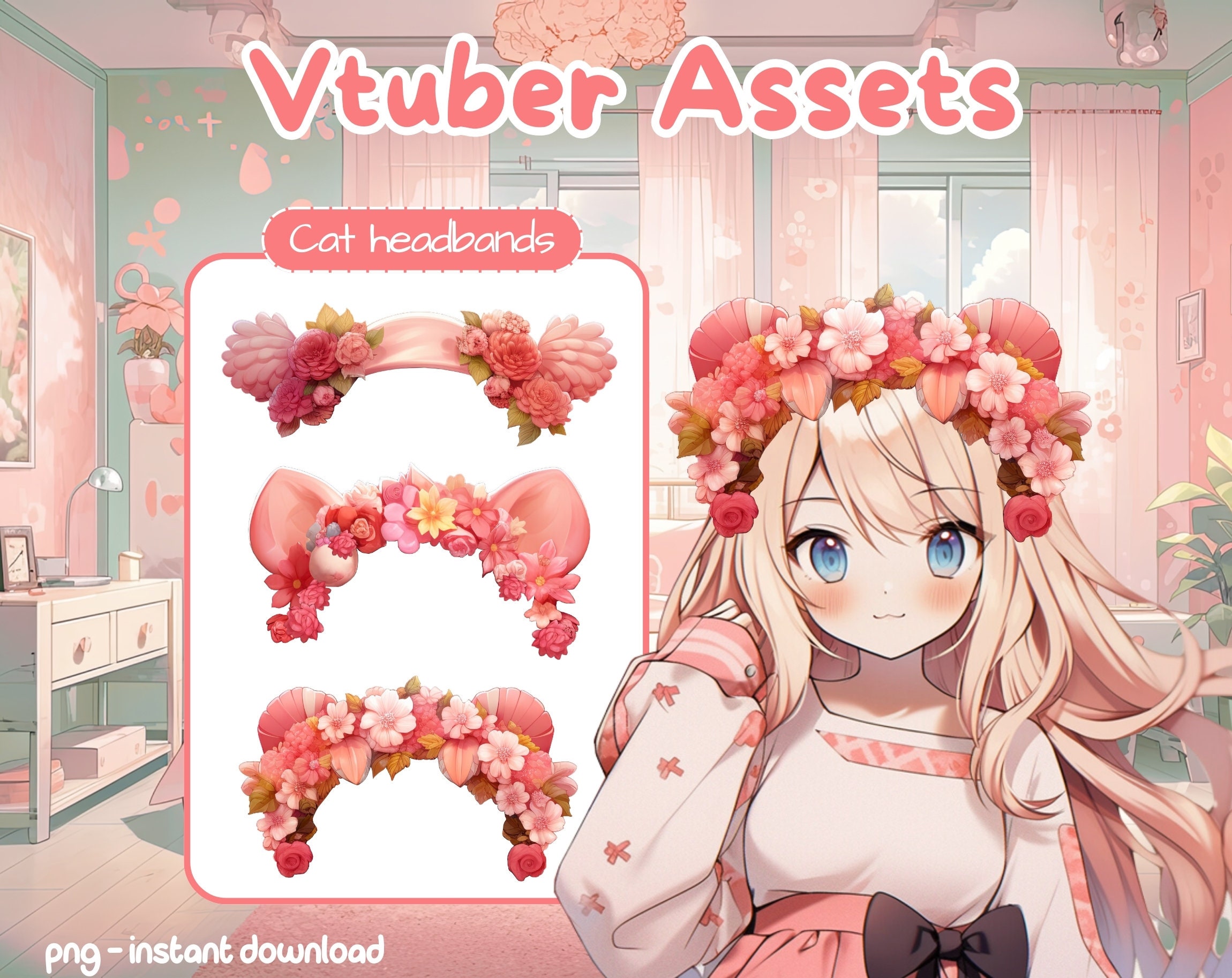 Vtuber Pink Flower Headband. Pngtuber Tropical Headband. Vtuber Assets ...