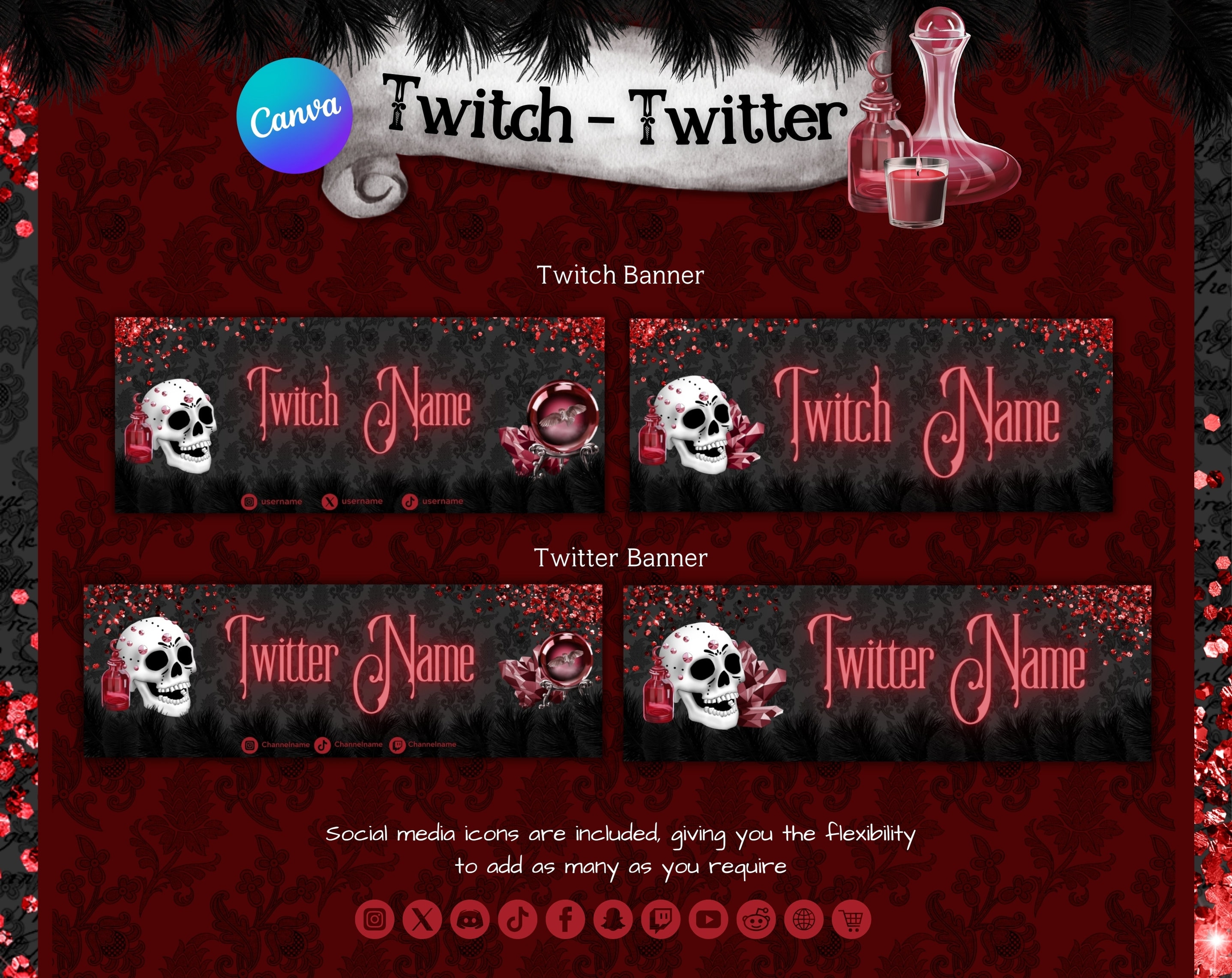 Gothic Skull Twitch and Twitter Banner. Vampire Custom Twitch Profile ...