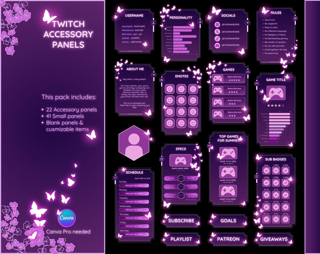 Purple Twitch Panels Canva Template. Butterfly Twitch Panels Bio ...
