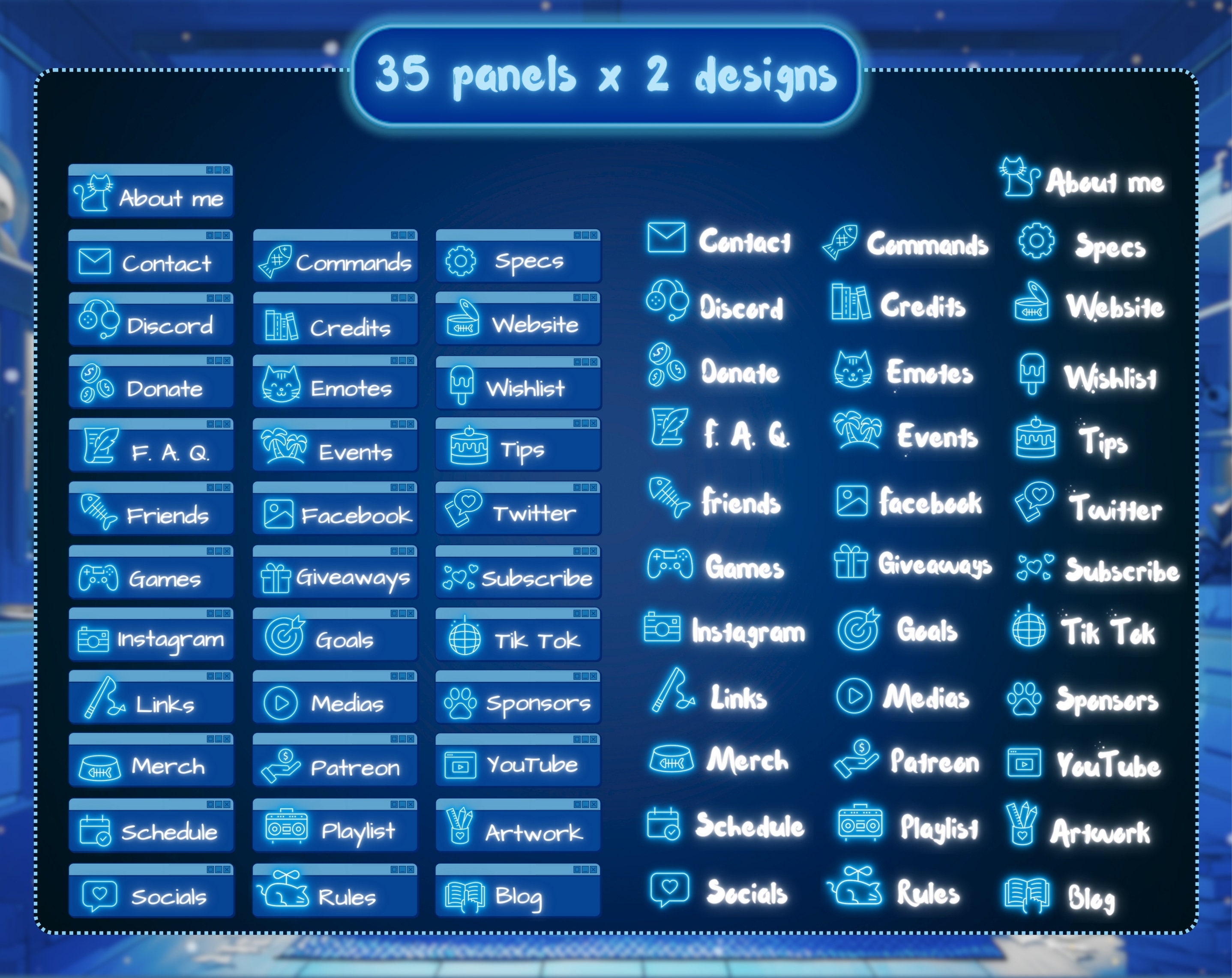 Blue Cat Bedroom Twitch Overlay Package. Neon Cat Stream Package ...