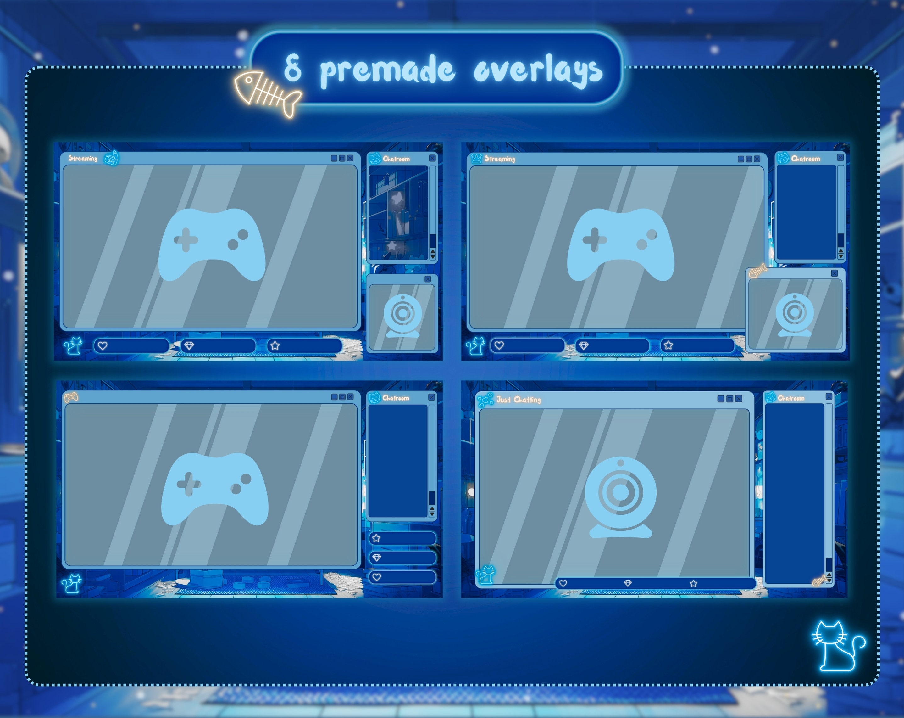Blue Cat Bedroom Twitch Overlay Package. Neon Cat Stream Package ...