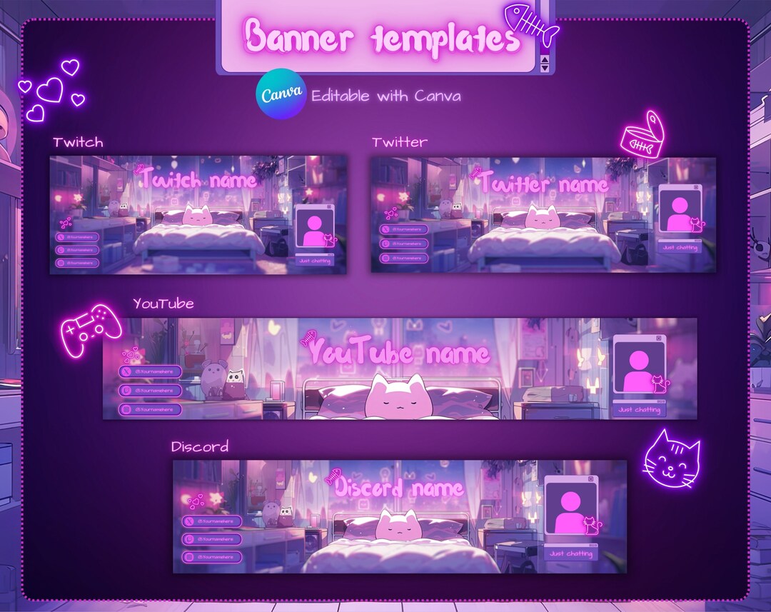 Neon Cat Twitter and Twitch Banner. Personalized Stream Banner, Cat ...