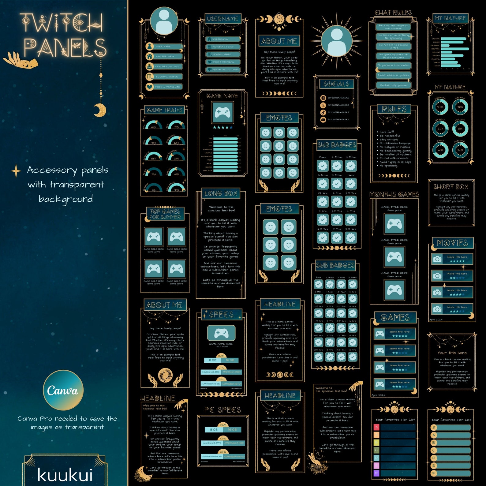 Moon Twitch Panels - Celestial Moonlight Stream Info Panels - Midnight ...