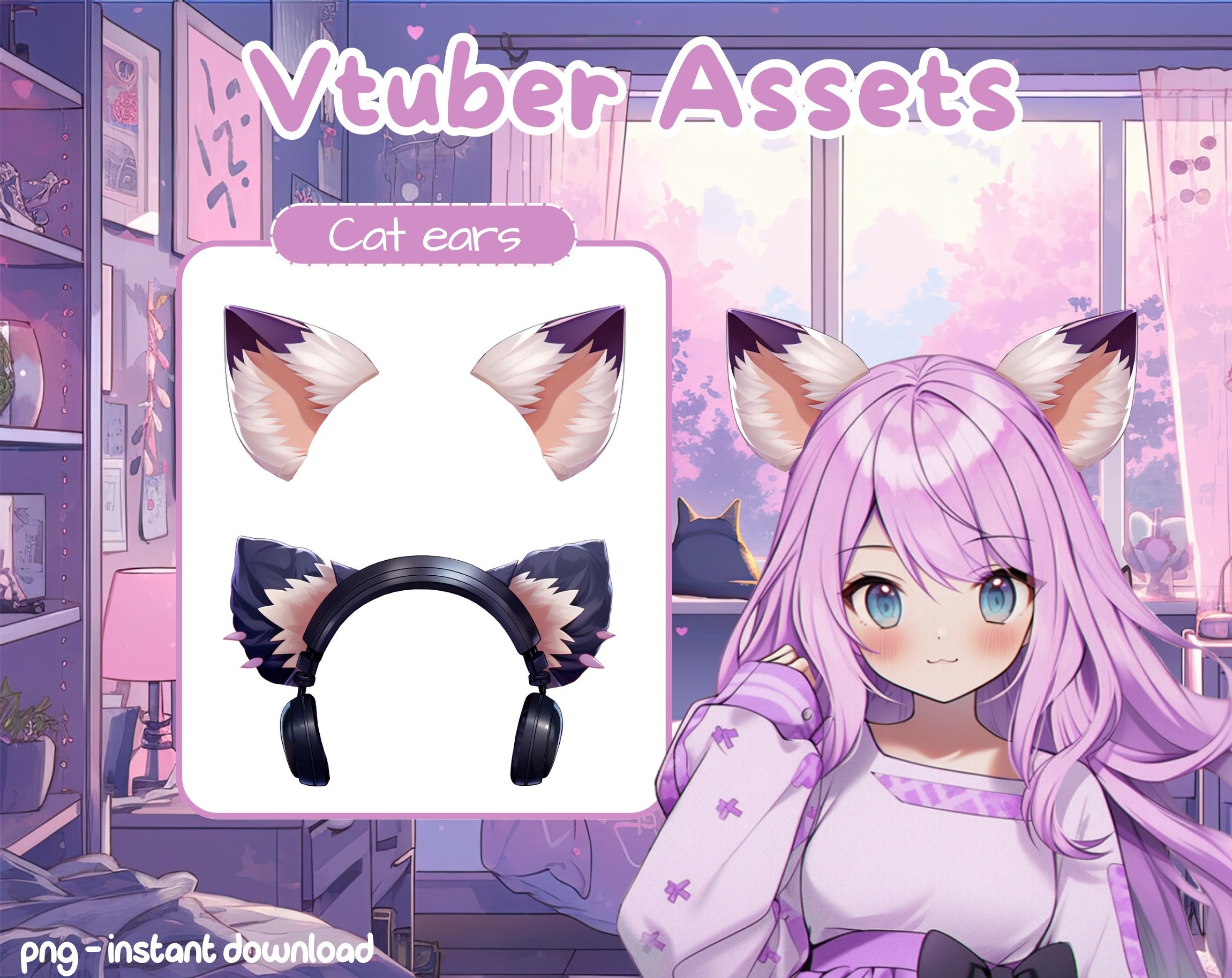 Vtuber Purple Cat Ears. Pngtuber Headphones. Vtuber Assets for Twitch ...