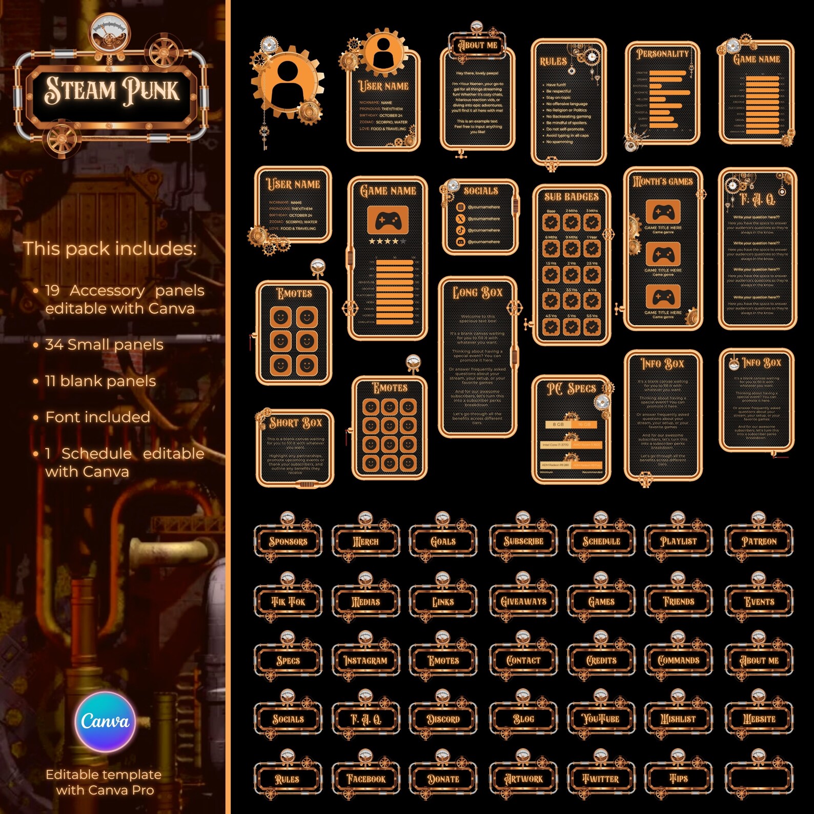 Steam Punk Twitch Panels - Industrial Stream Info Panels - Mechanical ...