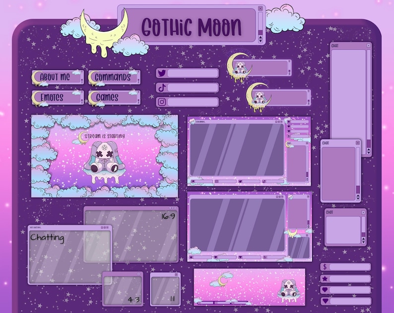 Purple Goth Twitch Overlay Package. Spooky Moon Stream Overlay Bundle ...