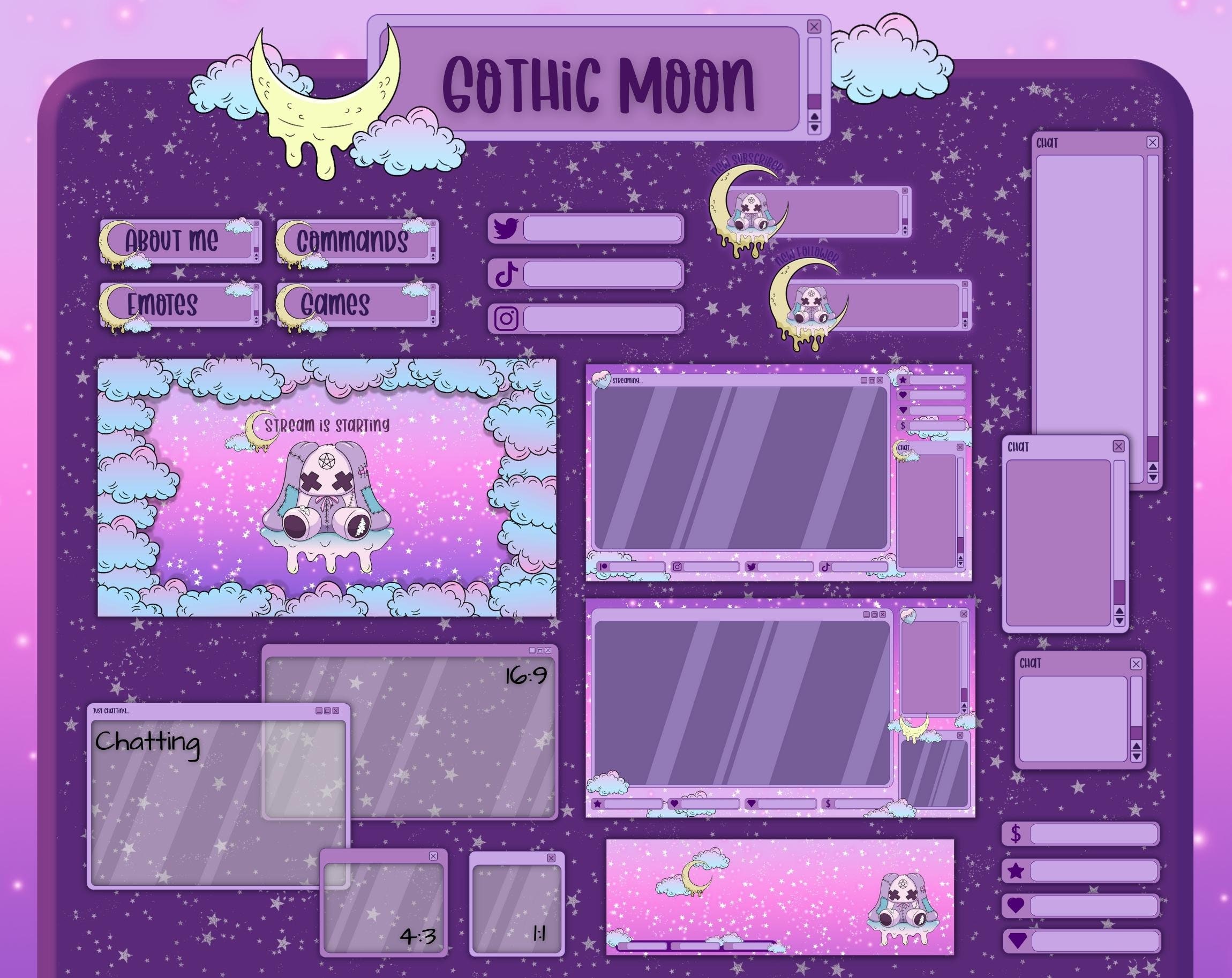 Purple Goth Twitch Overlay Package. Spooky Moon Stream Overlay Bundle ...