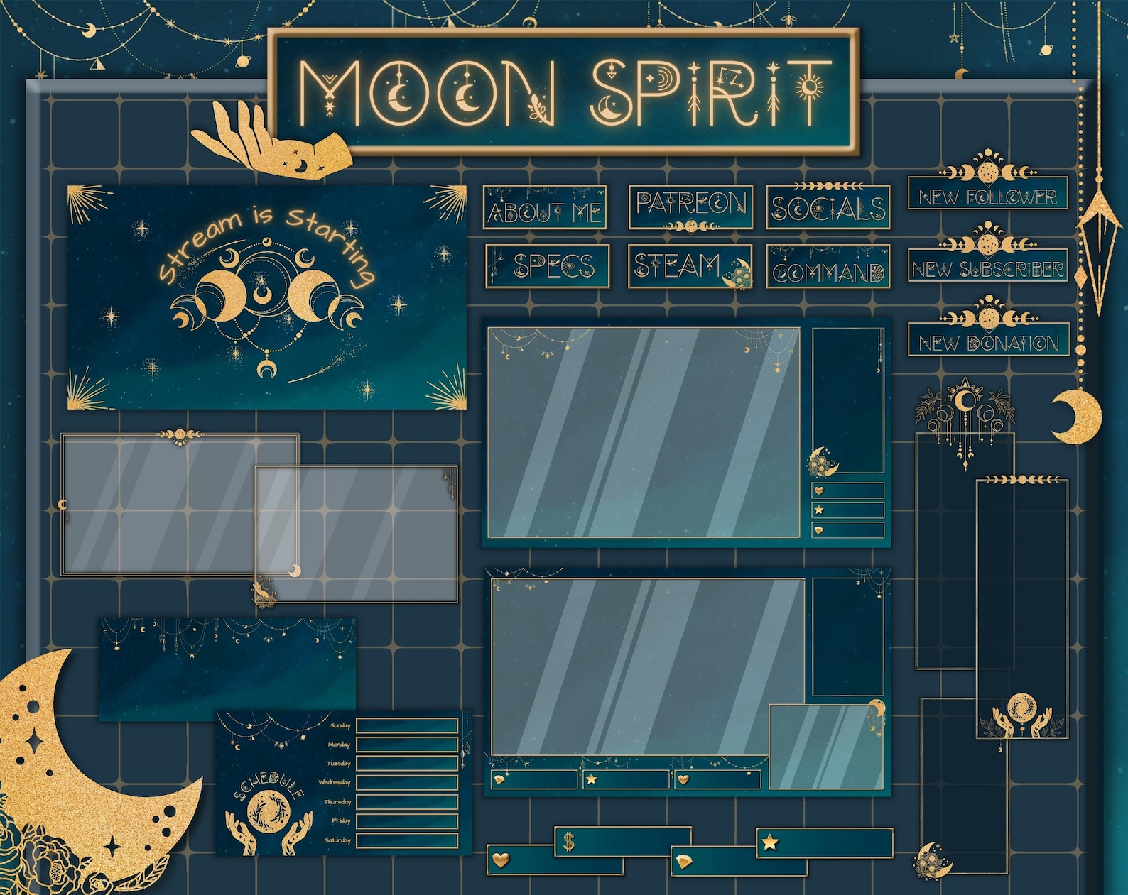 Celestial Twitch Overlay Pack. Gold Moon Stream Package. - Etsy