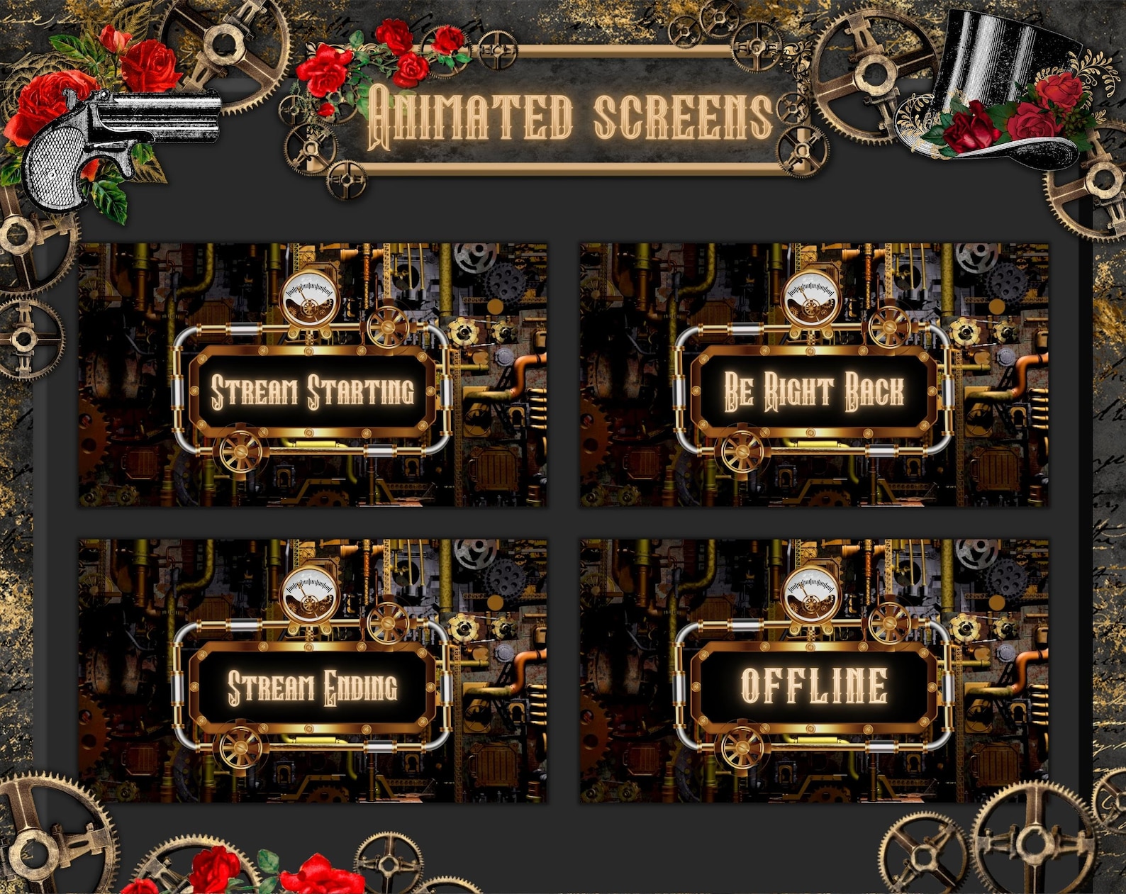 Steampunk Twitch Overlay, Vintage Twitch Pack With Red Roses. - Etsy