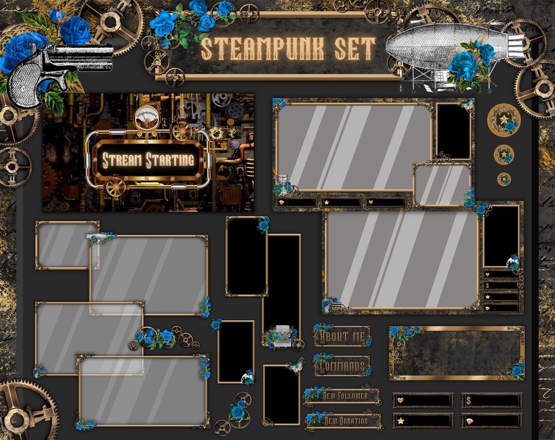 Blue Steampunk Stream Overlay Package. Victorian Twitch Layout. Blue ...