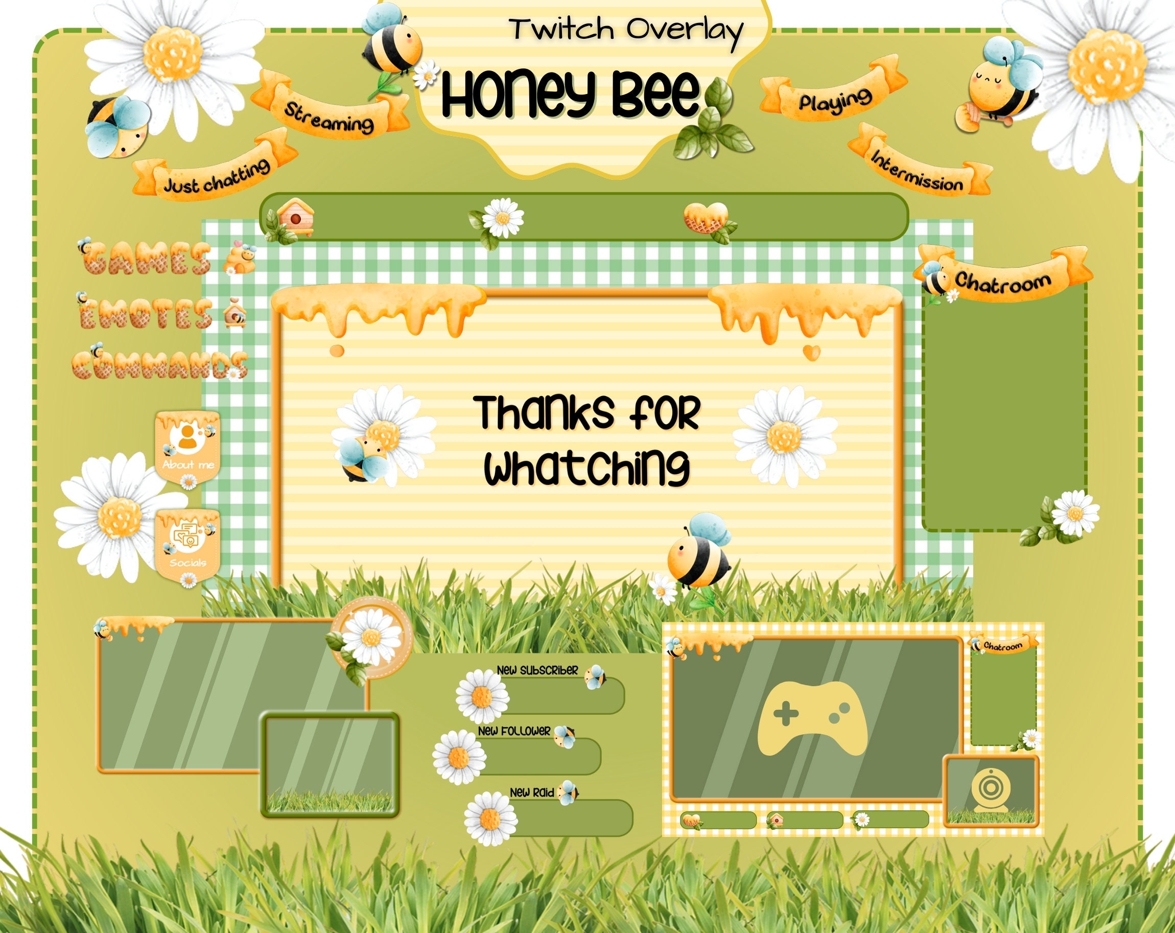 Honey Bee Twitch Overlay Package. Daisy Stream Overlay Pack. Vtuber ...