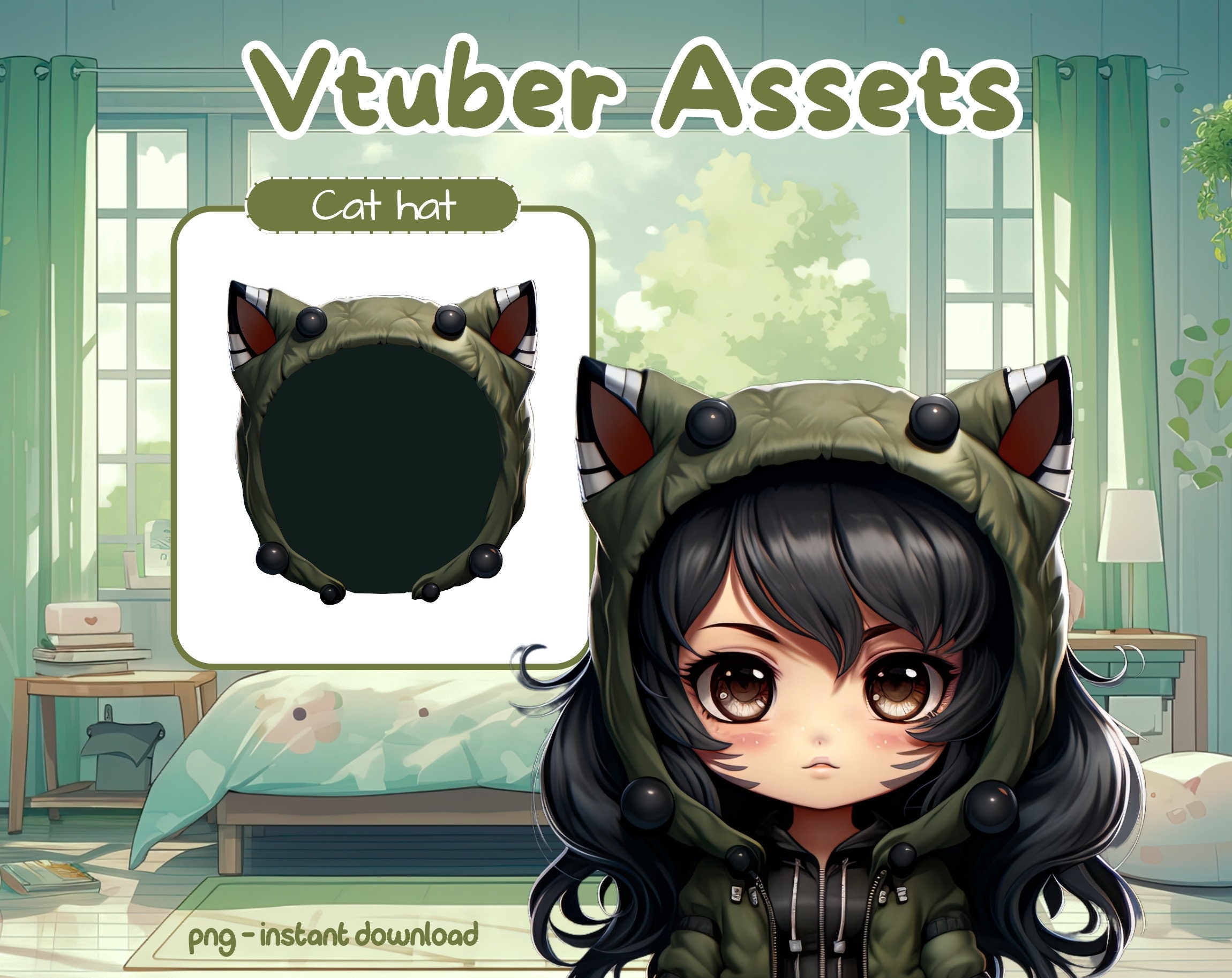 Vtuber Green Cat Hat. Pngtuber Hood for Twitch. Vtuber Assets Olive ...