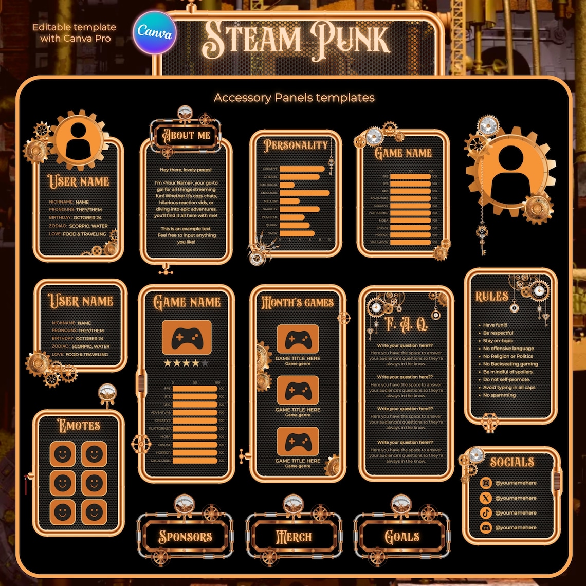Steam Punk Twitch Panels - Industrial Stream Info Panels - Mechanical ...