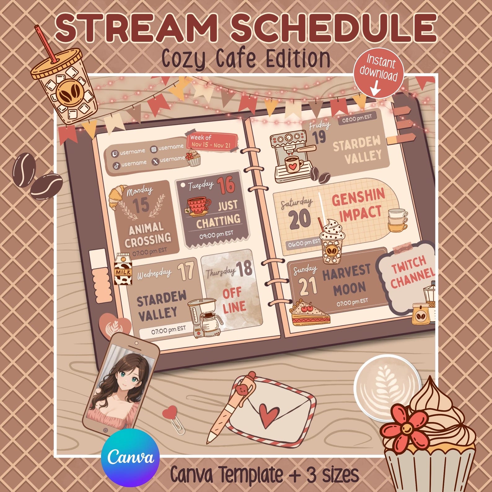 Cozy Stream Schedule, Cafe Twitch Stream Schedule Template, Coffee ...
