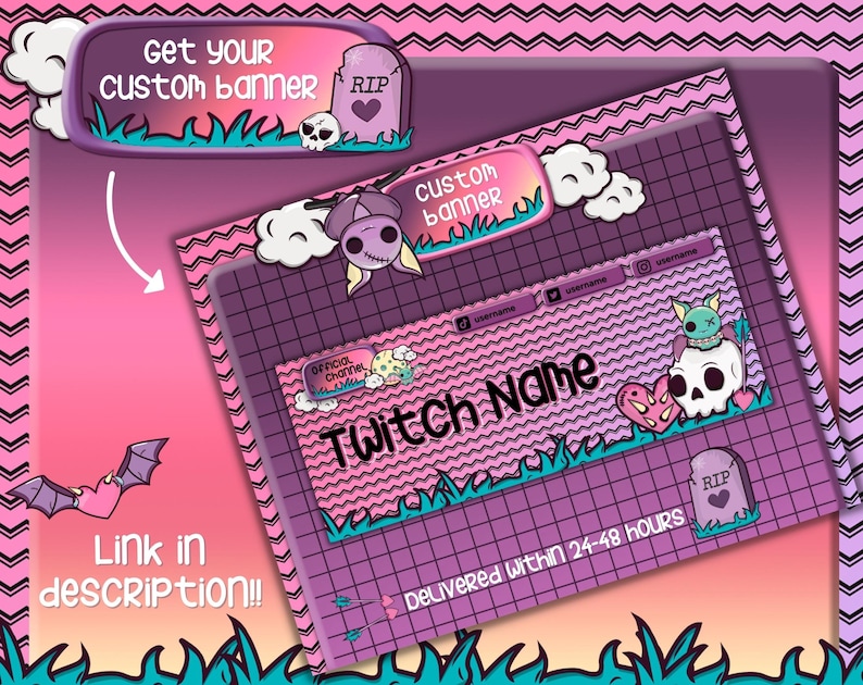 Pastel Goth Twitch Overlay, Pink Gothic Stream Overlay Package. Emo ...
