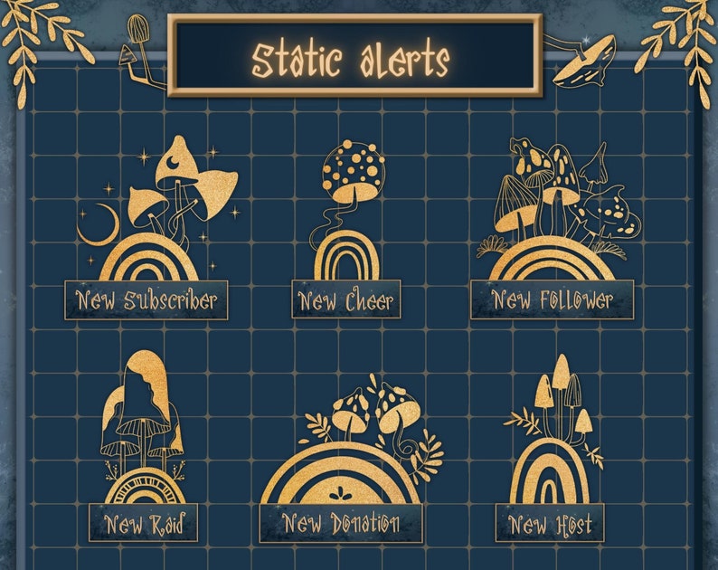 Mystic Mushrooms Twitch Overlay Package, Gold Mushrooms Stream Package ...