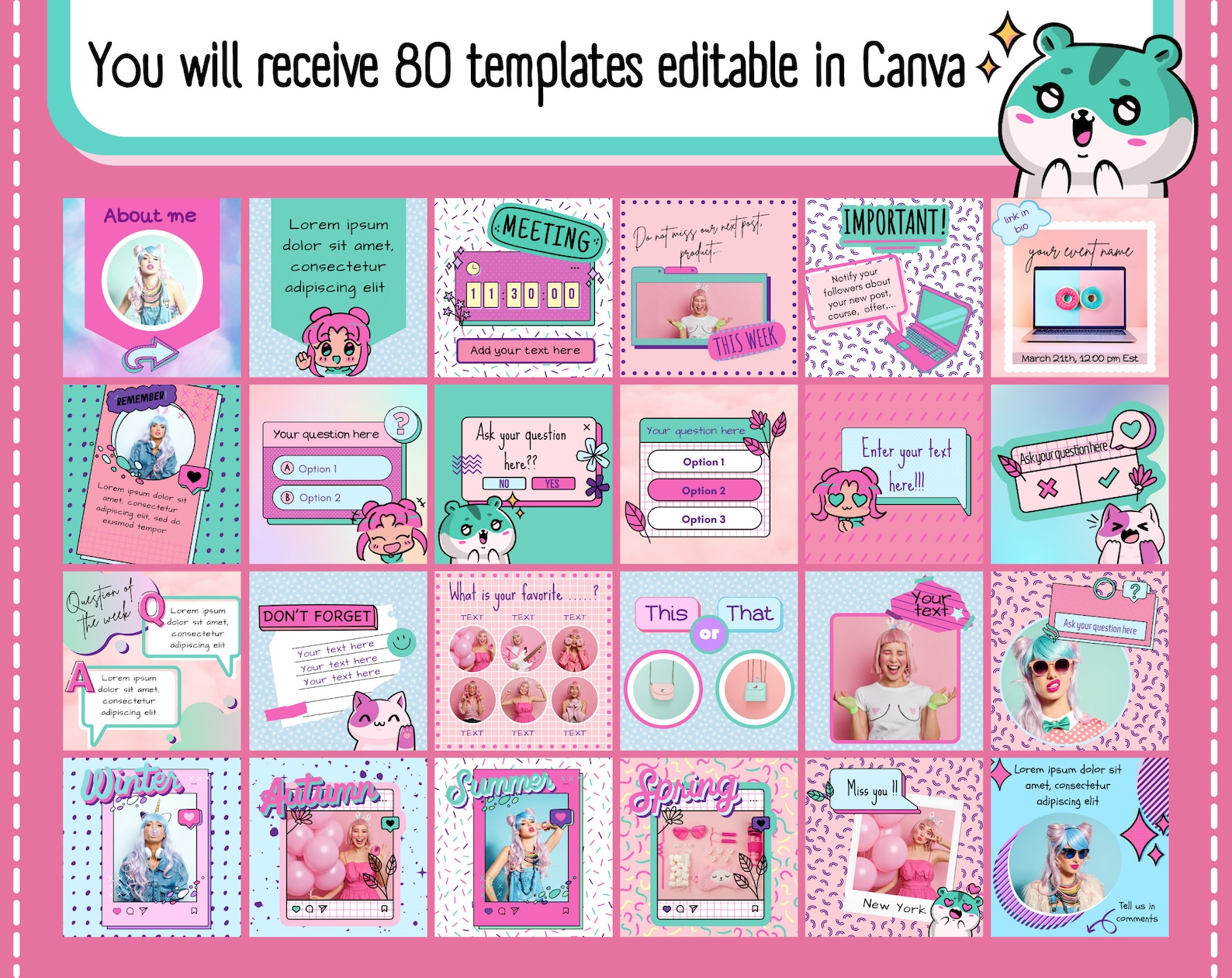 Kawaii Instagram Template Anime Instagram Post Pink Blogger - Etsy