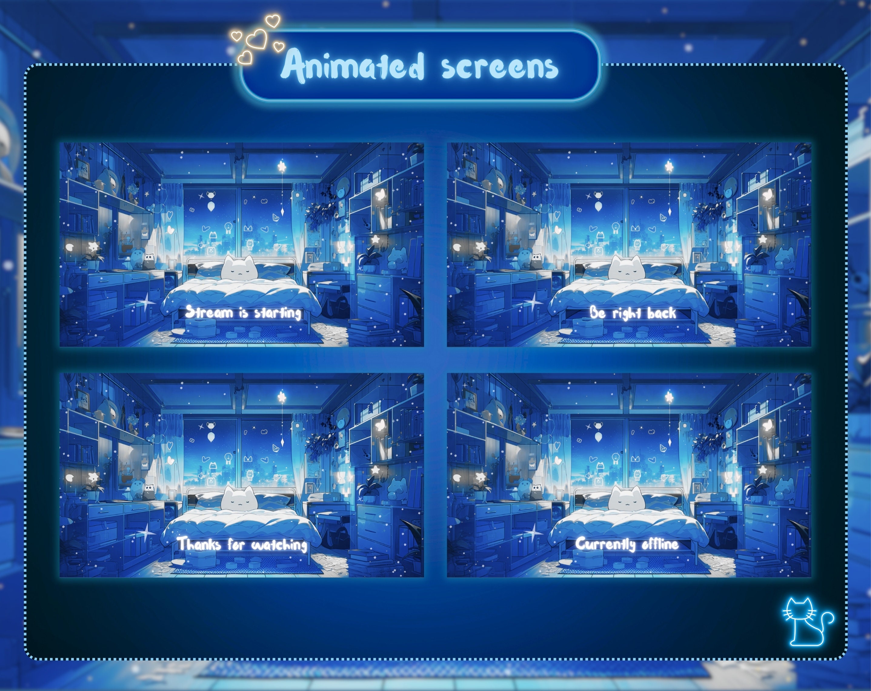 Blue Cat Bedroom Twitch Overlay Package. Neon Cat Stream Package ...
