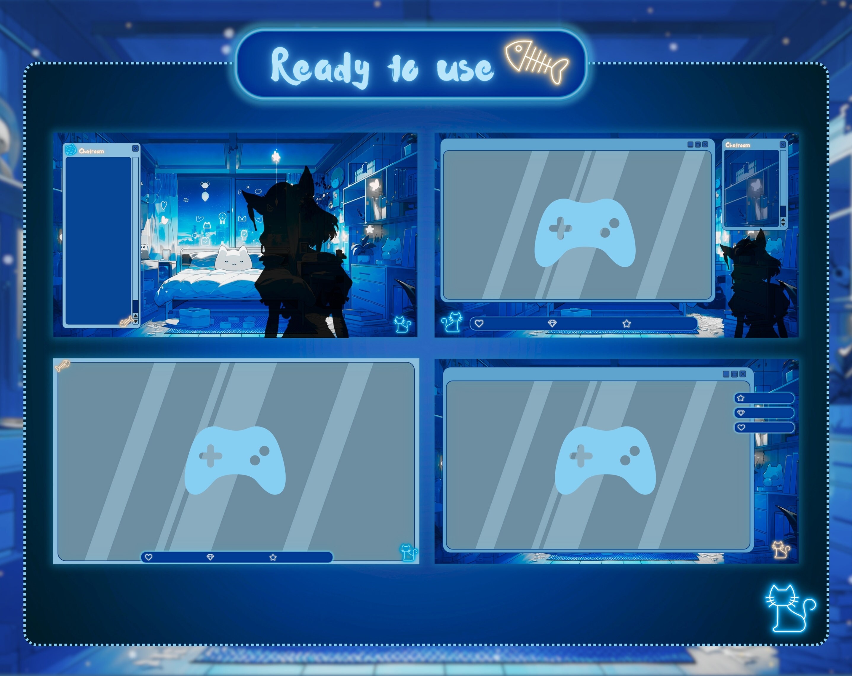 Blue Cat Bedroom Twitch Overlay Package. Neon Cat Stream Package ...