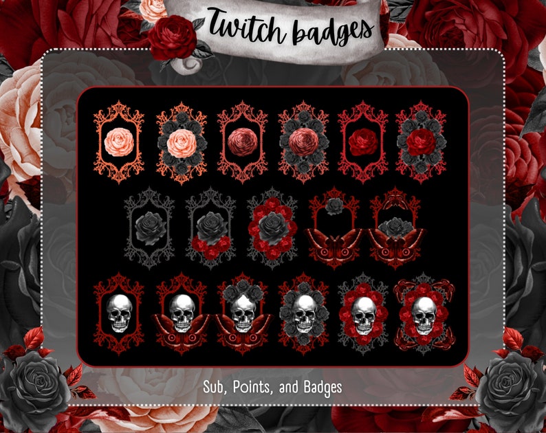 Skull Twitch Sub Badges. Red Roses Bit Badges. Gothic Tier Badges and ...