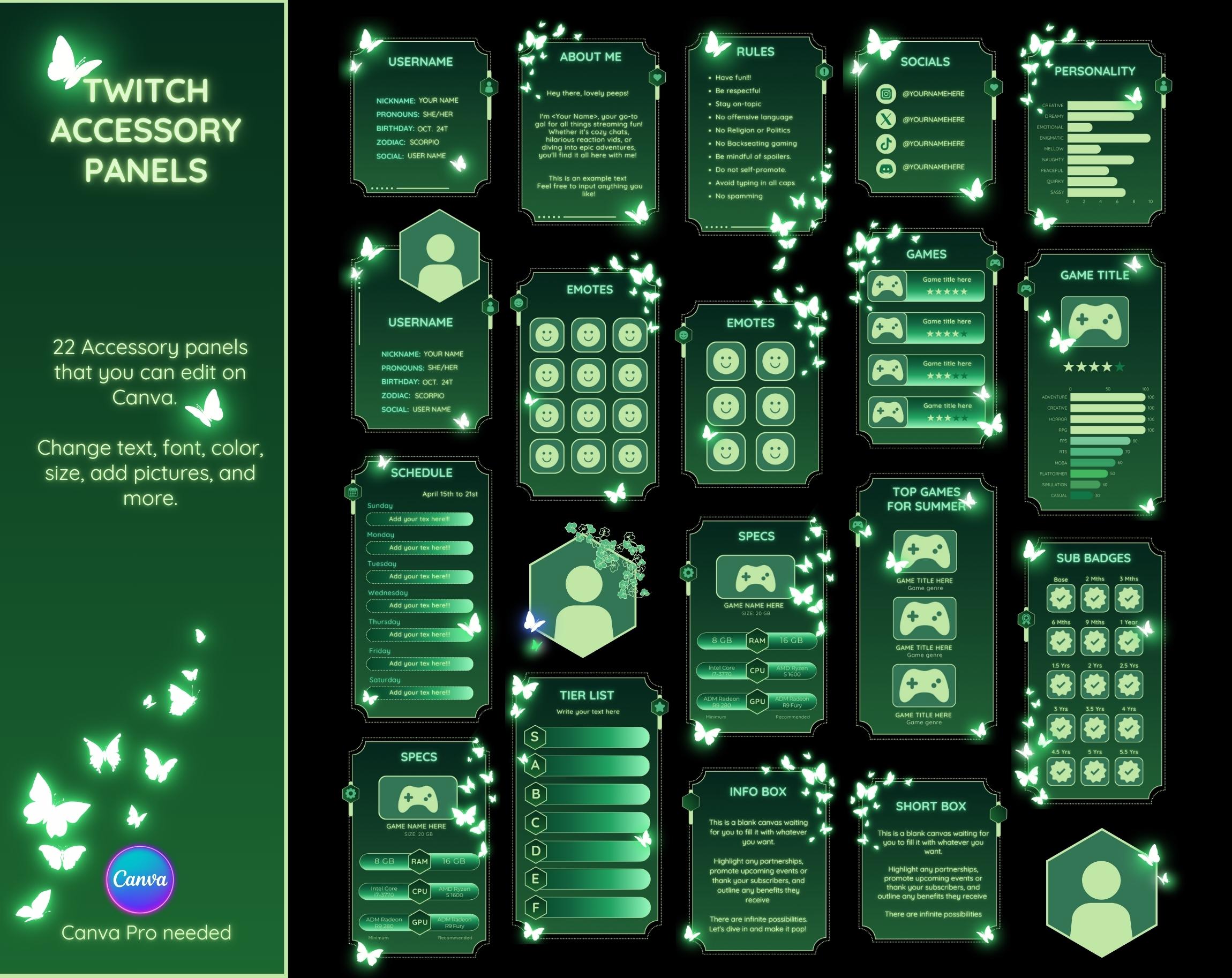 Green Twitch Panels Canva Template. Nature Twitch Panels Bio. Butterfly ...