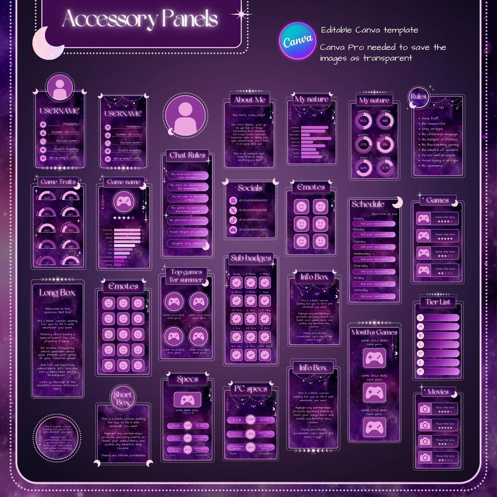 Purple Astrology Twitch Panels - Celestial Fantasy Stream Info Panels ...