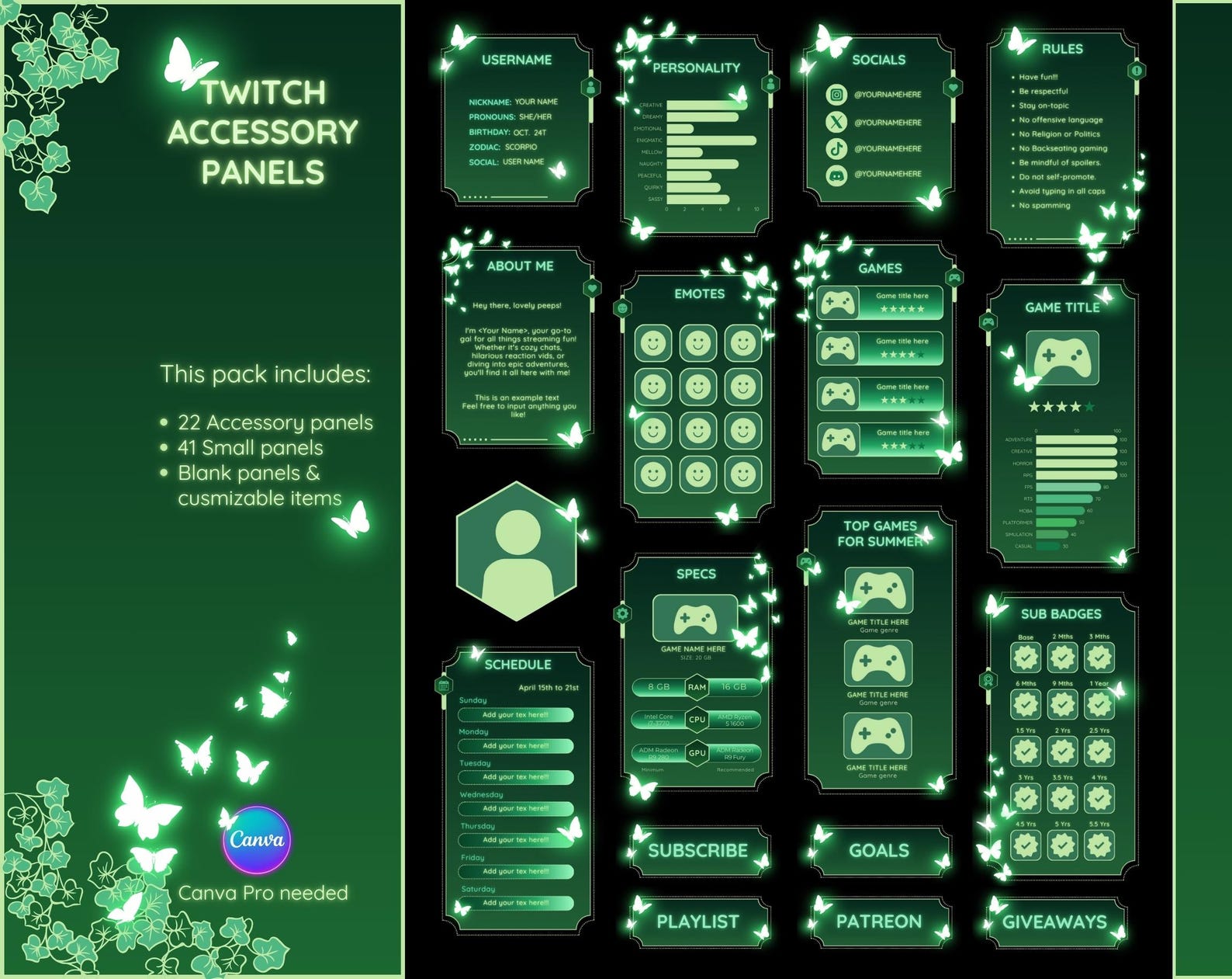 Green Twitch Panels Canva Template. Nature Twitch Panels Bio. Butterfly ...