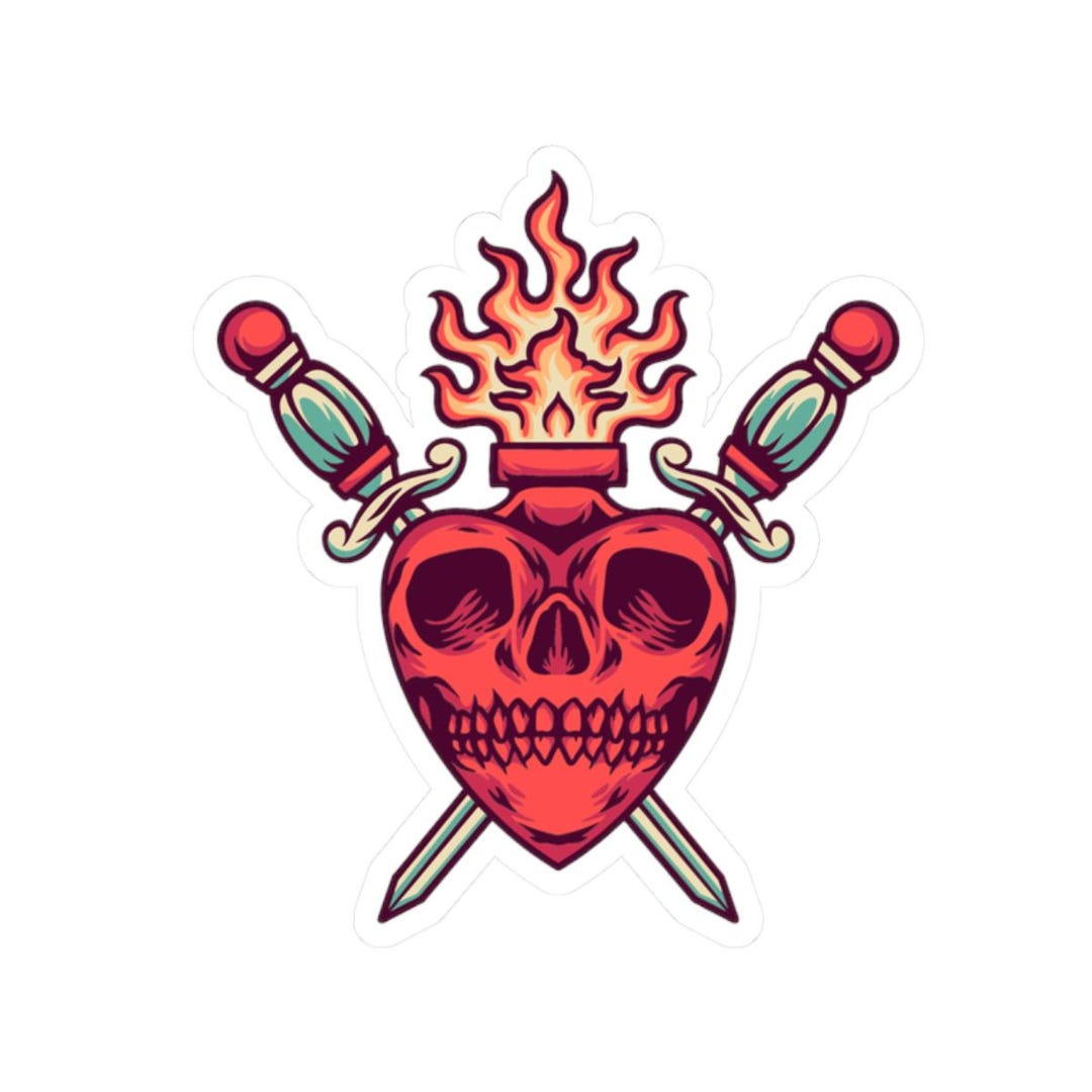 Flaming Heart Skull Stickers | Edgy Laptop Decals, Funky Art Stickers ...