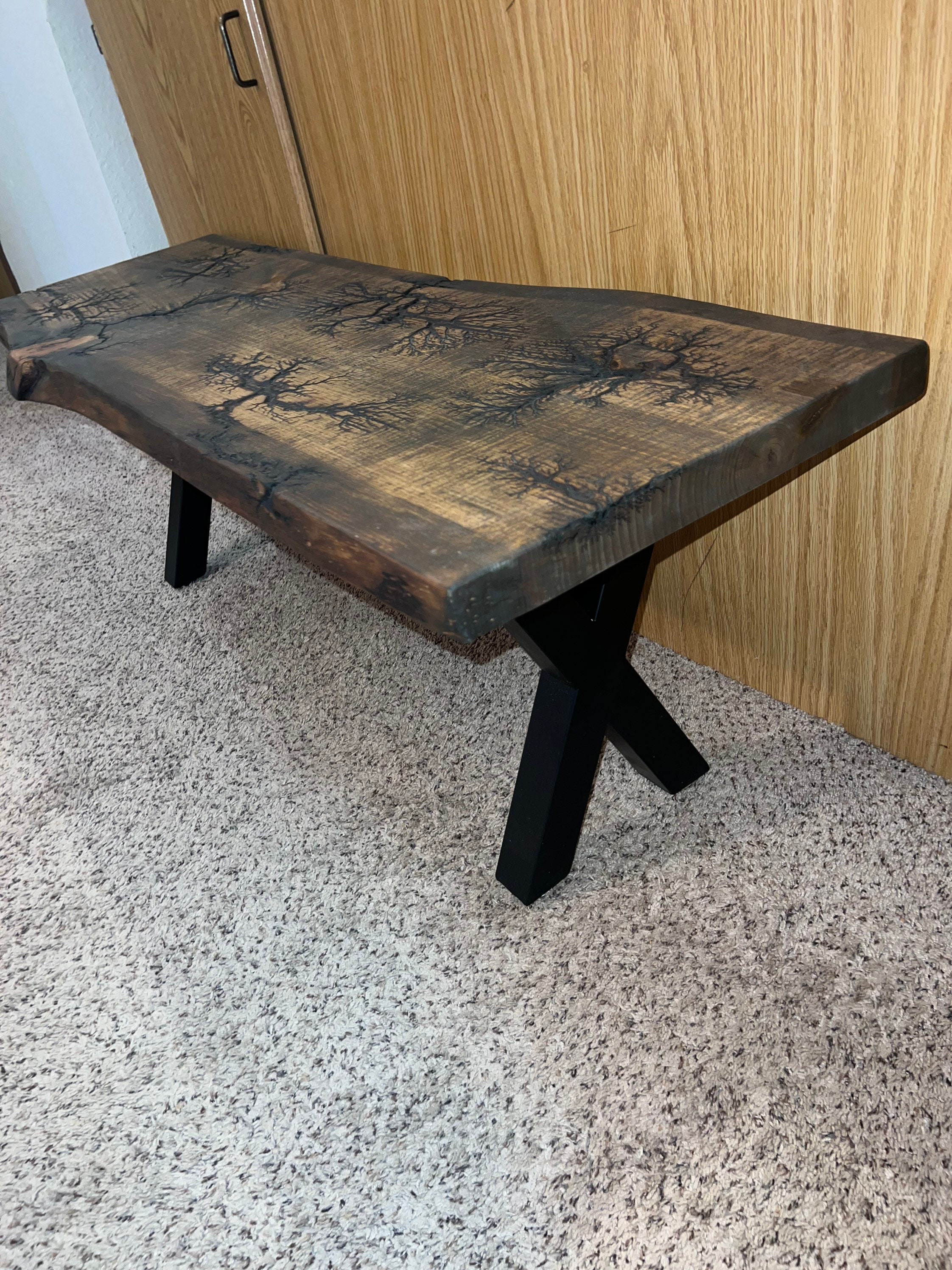 Rough Sawn Fractal Patterned Bench / Rustic Bench / Bench With X Legs / Lightning Burned Bench ...